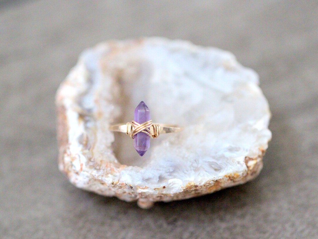 Amethyst Ring in Gold, Double Pointed Crystal Stone Wire Wrapped Ring ...