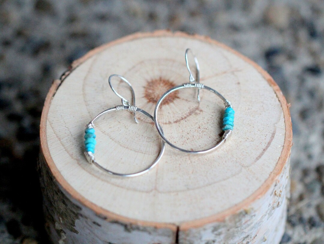 Turquoise Hoop Earrings , Gold Beaded Hoops, Rose, Sterling Silver, Boho Bohemian, Hammered ...