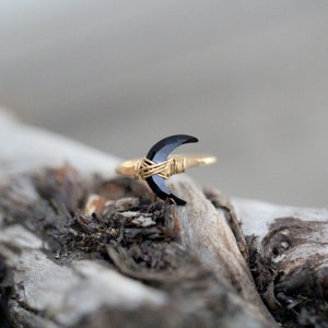 Moon Ring in Gold, Crescent Black Agate Stone, Wire Wrapped Bohemian ...
