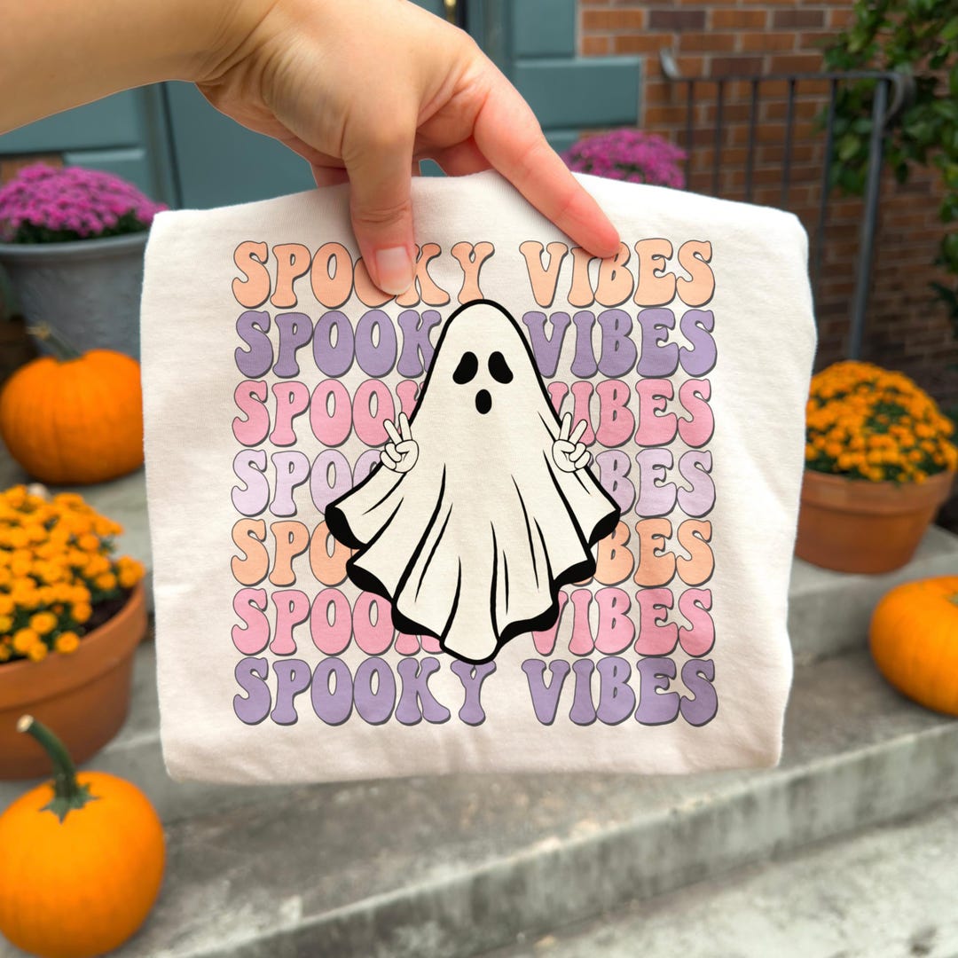 Cute Ghost Character With Peace Sign and Spooky Vibes Text - Fun ...