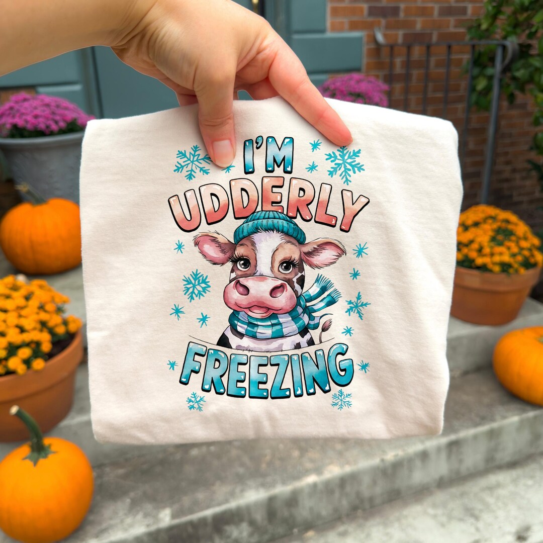 I'm UDDERLY FREEZING - Whimsical Cartoon Cow With Beanie and Scarf for ...