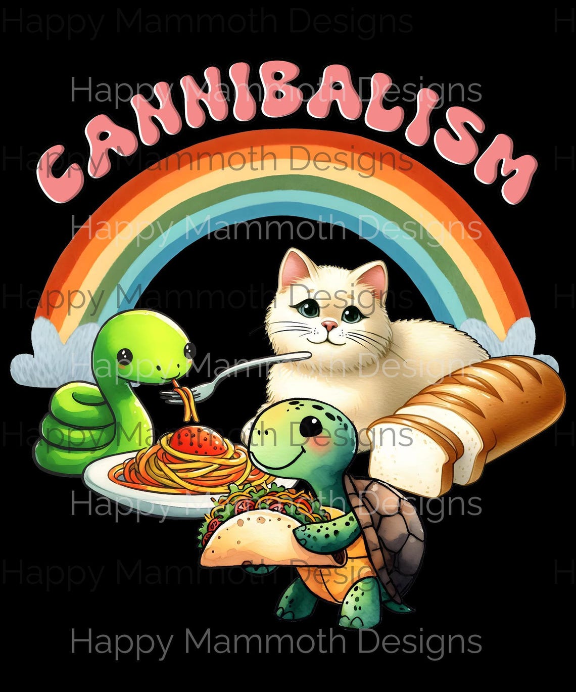 Whimsical CANNIBALISM Design With Playful Cat, Snake, and Turtle ...