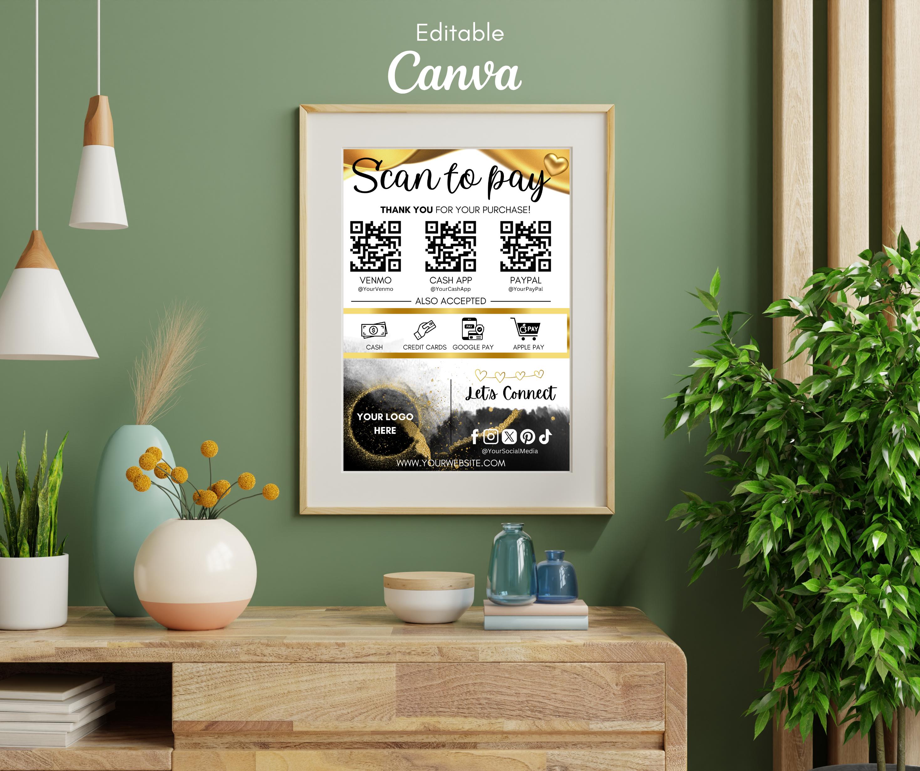 Editable QR Code Payment Sign: Gold & Black Scan to Pay Template ...