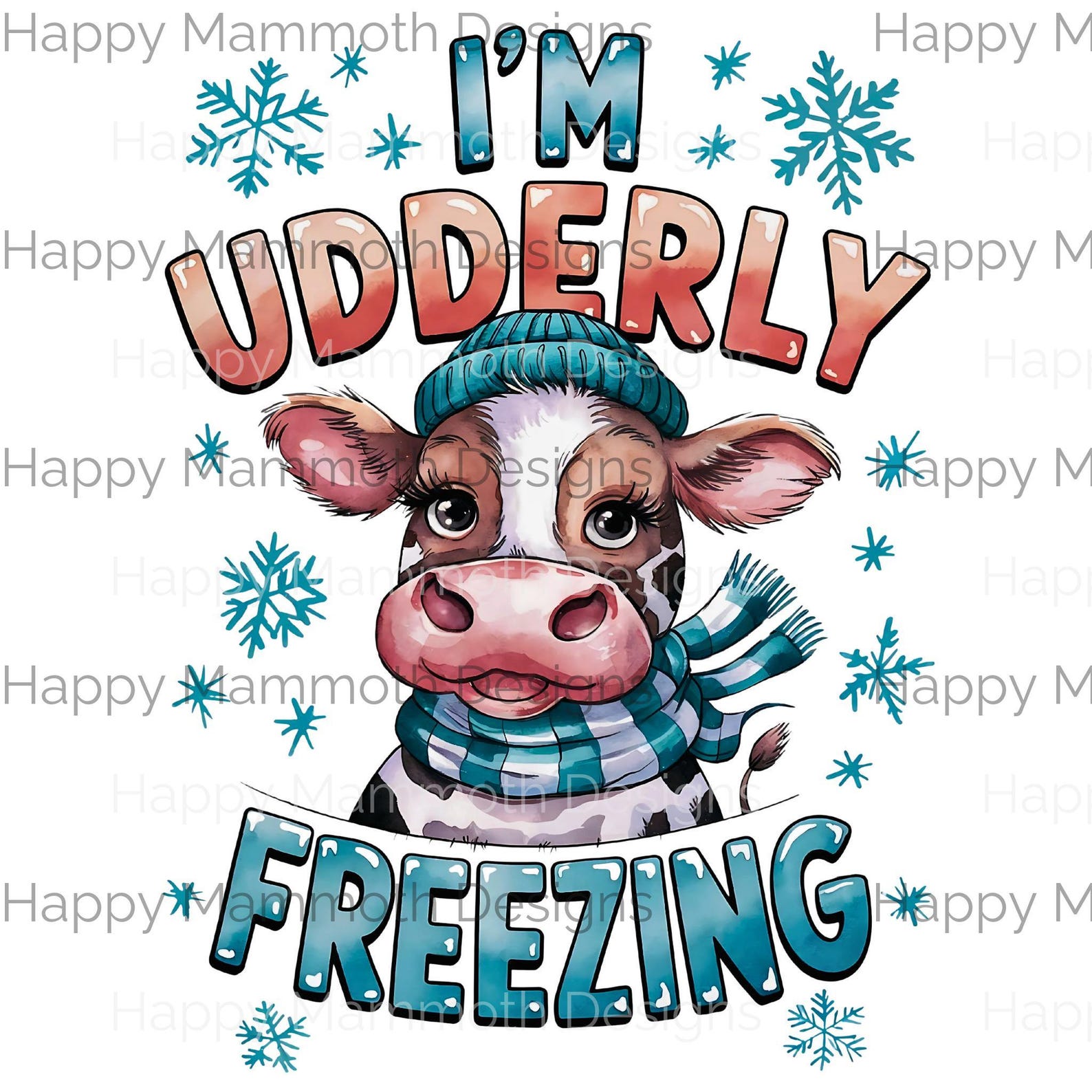 I'm UDDERLY FREEZING - Whimsical Cartoon Cow With Beanie and Scarf for ...