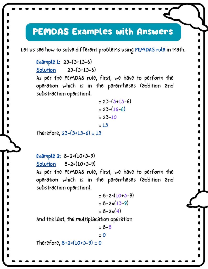 Grade 4 Order of Operations Worksheet (PEMDAS Method) - Etsy