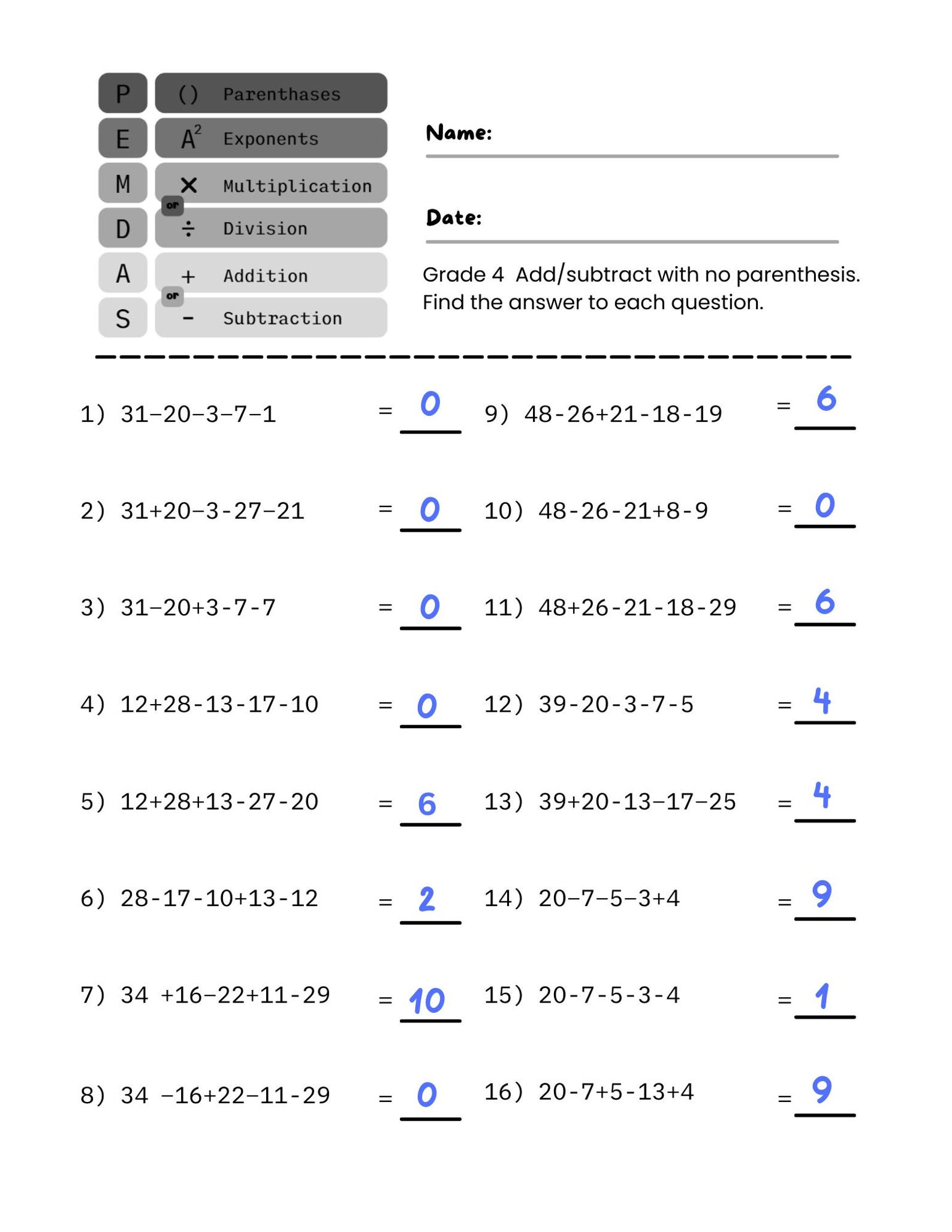 Grade 4 Order of Operations Worksheet (PEMDAS Method) - Etsy