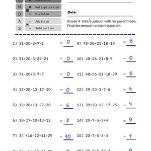 Grade 4 Order of Operations Worksheet (PEMDAS Method) - Etsy