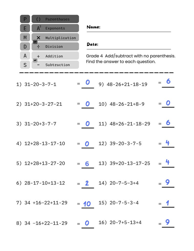 Grade 4 Order of Operations Worksheet (PEMDAS Method) - Etsy
