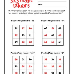 3x3 Magic Square - Addition Puzzle Worksheet - Etsy
