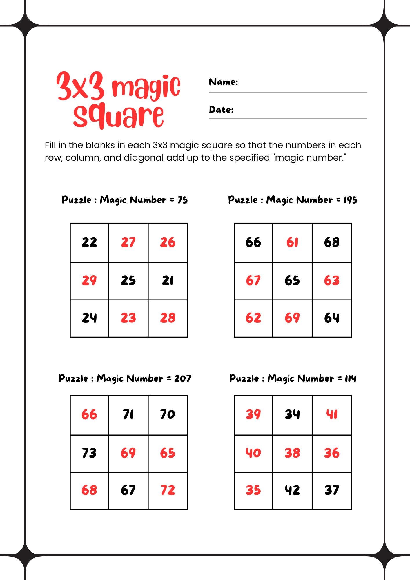 3x3 Magic Square - Addition Puzzle Worksheet - Etsy