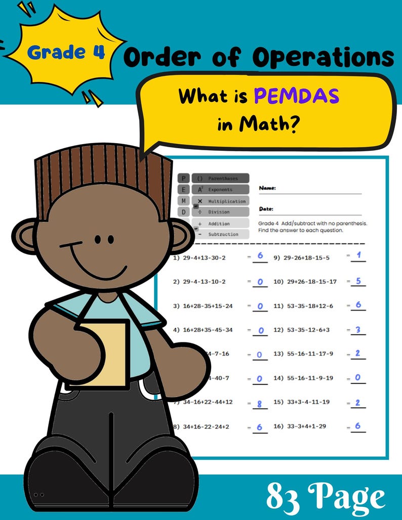 Grade 4 Order of Operations Worksheet (PEMDAS Method) - Etsy