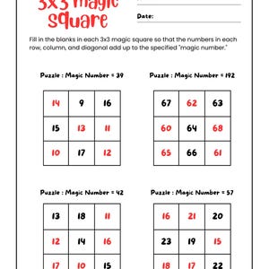 3x3 Magic Square - Addition Puzzle Worksheet - Etsy