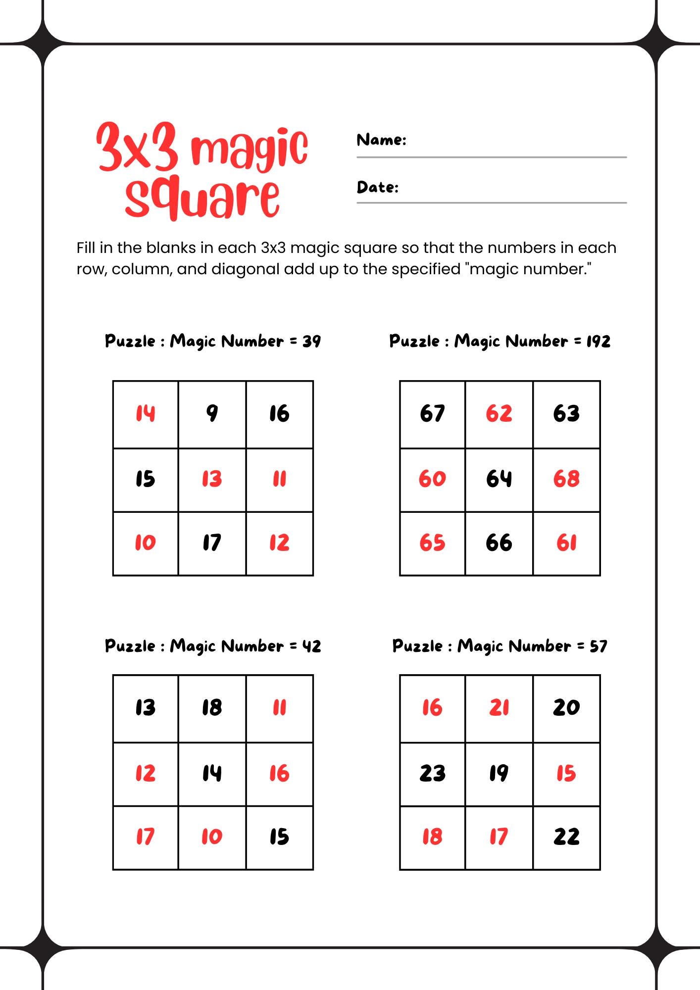 3x3 Magic Square - Addition Puzzle Worksheet - Etsy