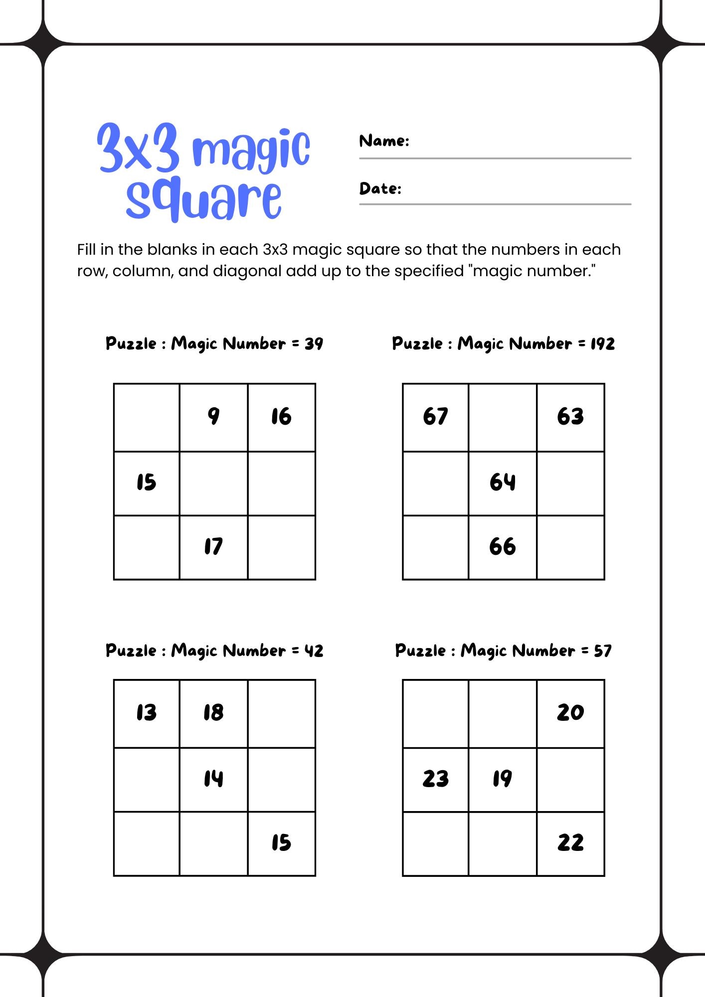 3x3 Magic Square - Addition Puzzle Worksheet - Etsy