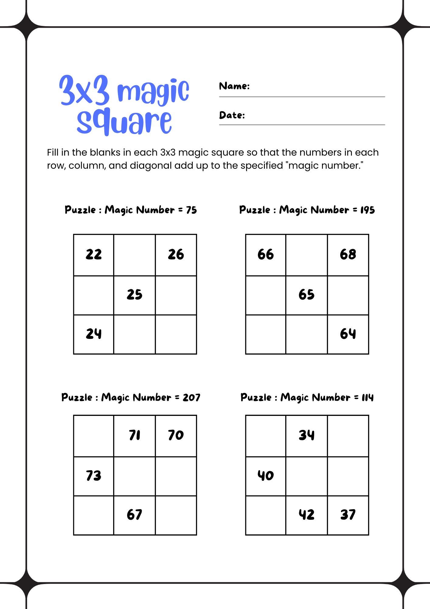 3x3 Magic Square - Addition Puzzle Worksheet - Etsy