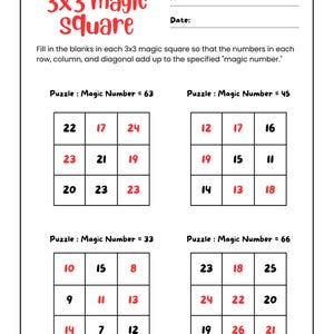 3x3 Magic Square - Addition Puzzle Worksheet - Etsy