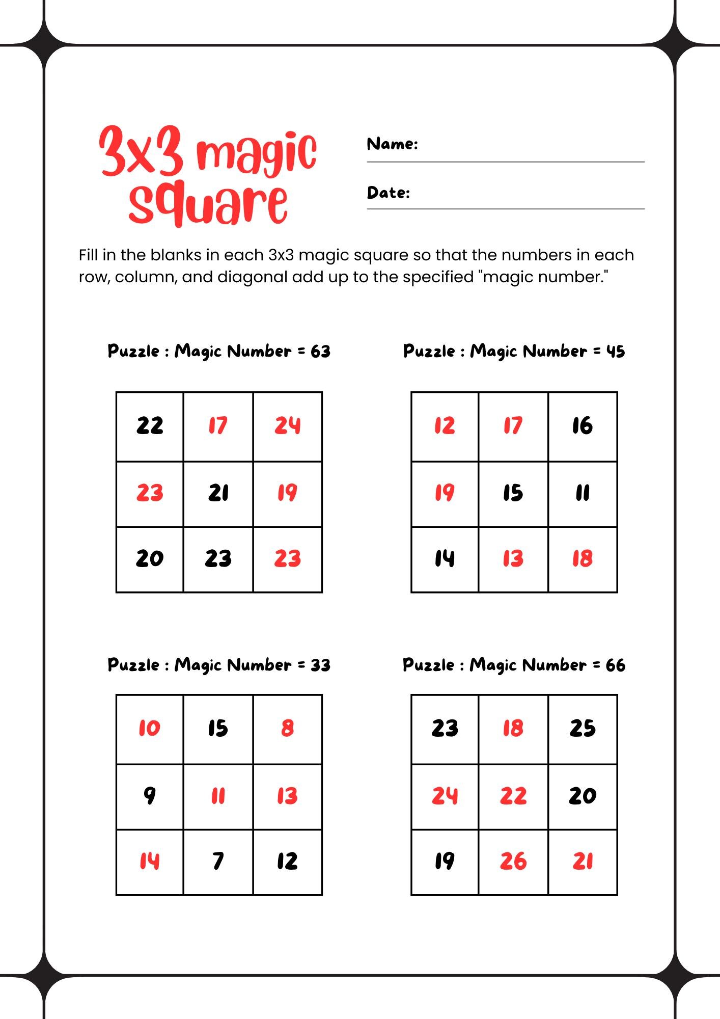 3x3 Magic Square - Addition Puzzle Worksheet - Etsy