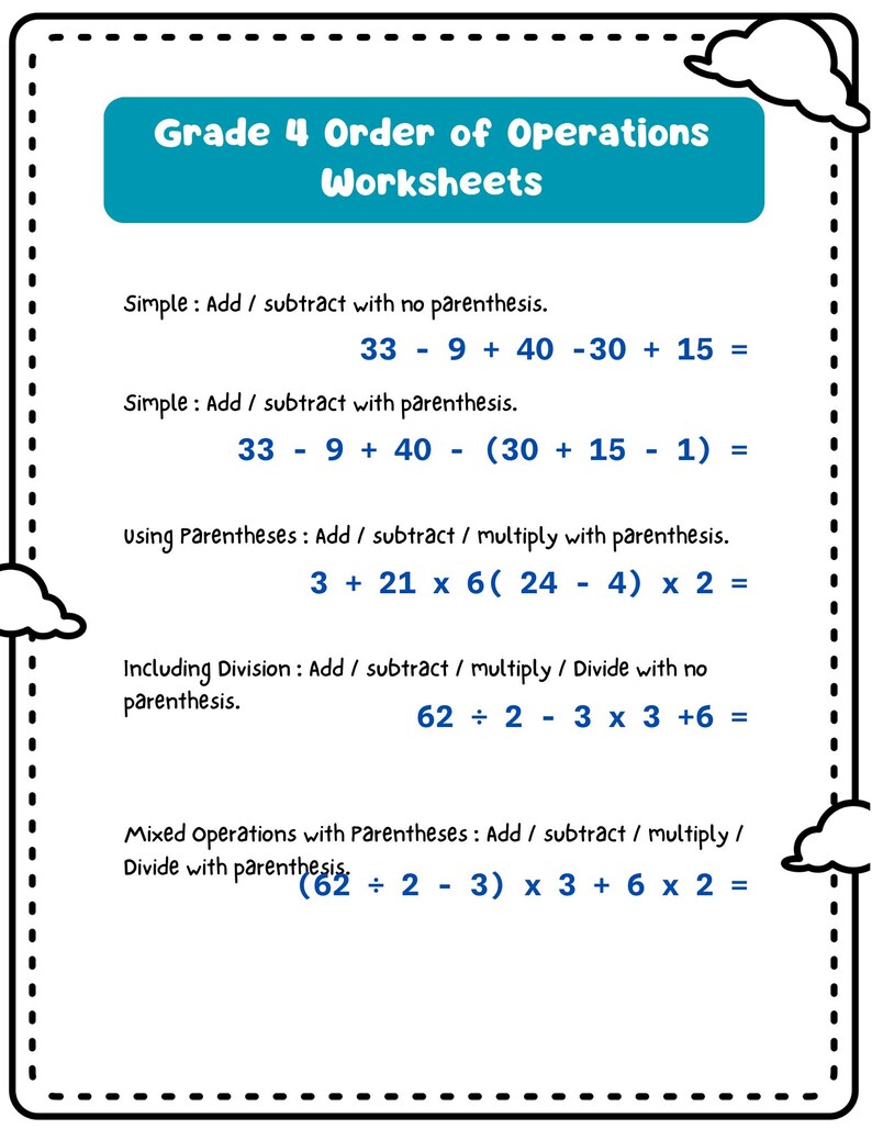 Grade 4 Order of Operations Worksheet (PEMDAS Method) - Etsy