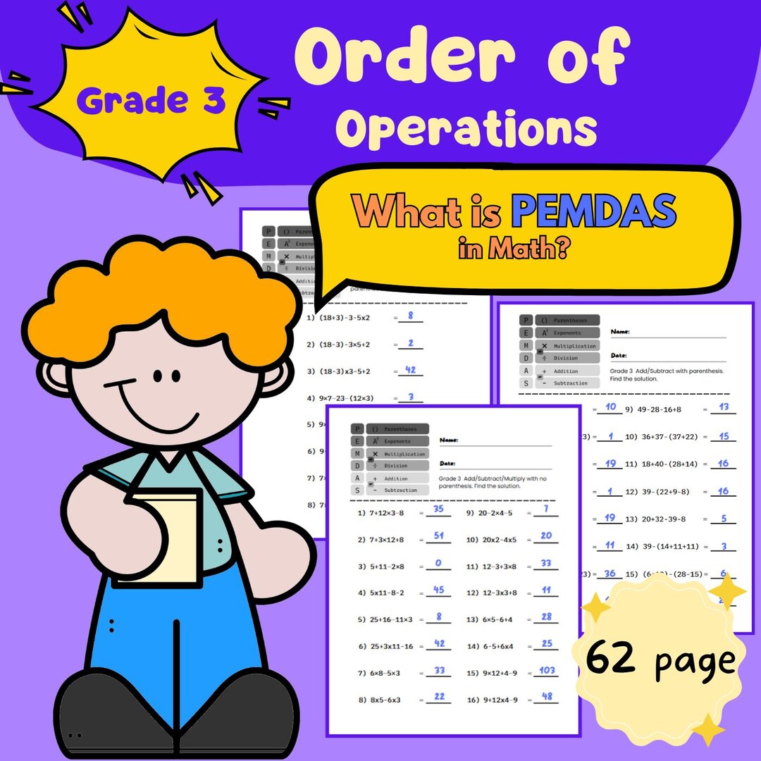 Grade 3 Order of Operations Worksheet (PEMDAS Method) - Etsy