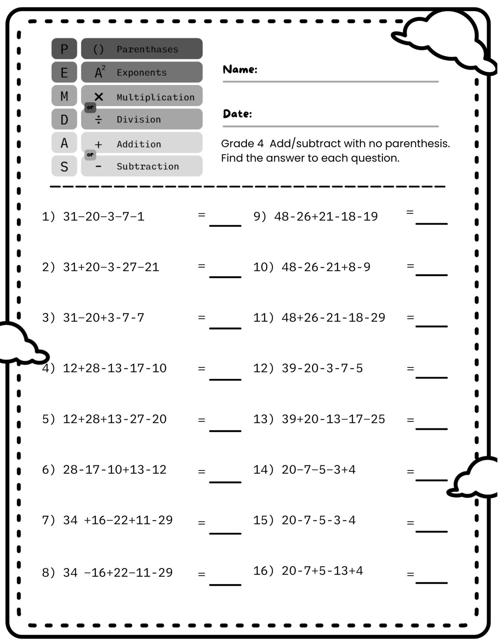Grade 4 Order of Operations Worksheet (PEMDAS Method) - Etsy