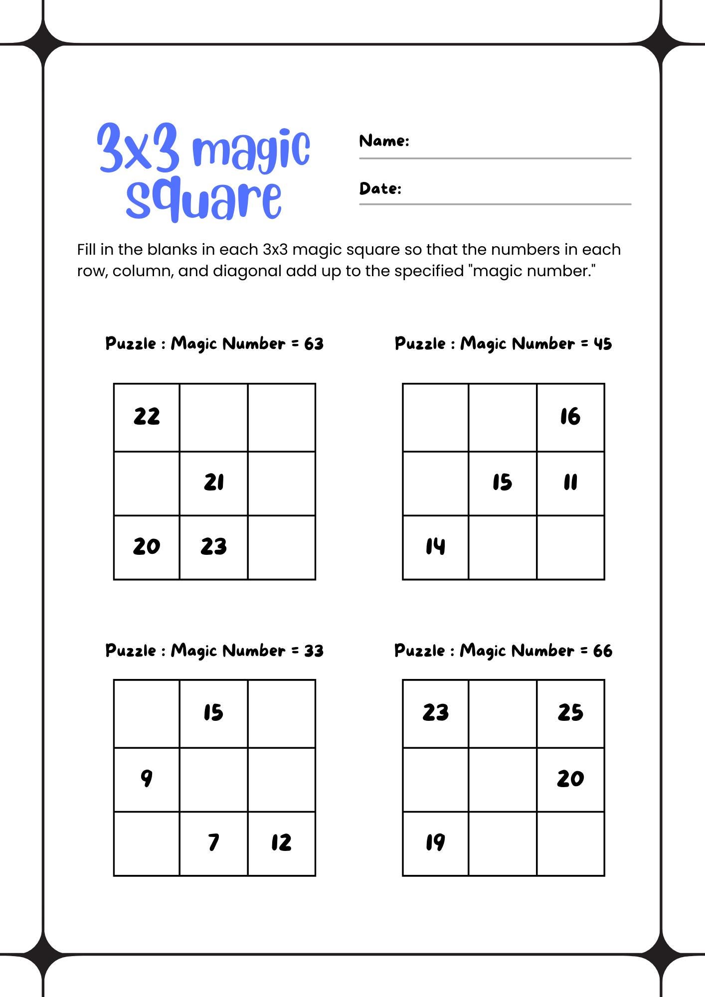 3x3 Magic Square - Addition Puzzle Worksheet - Etsy
