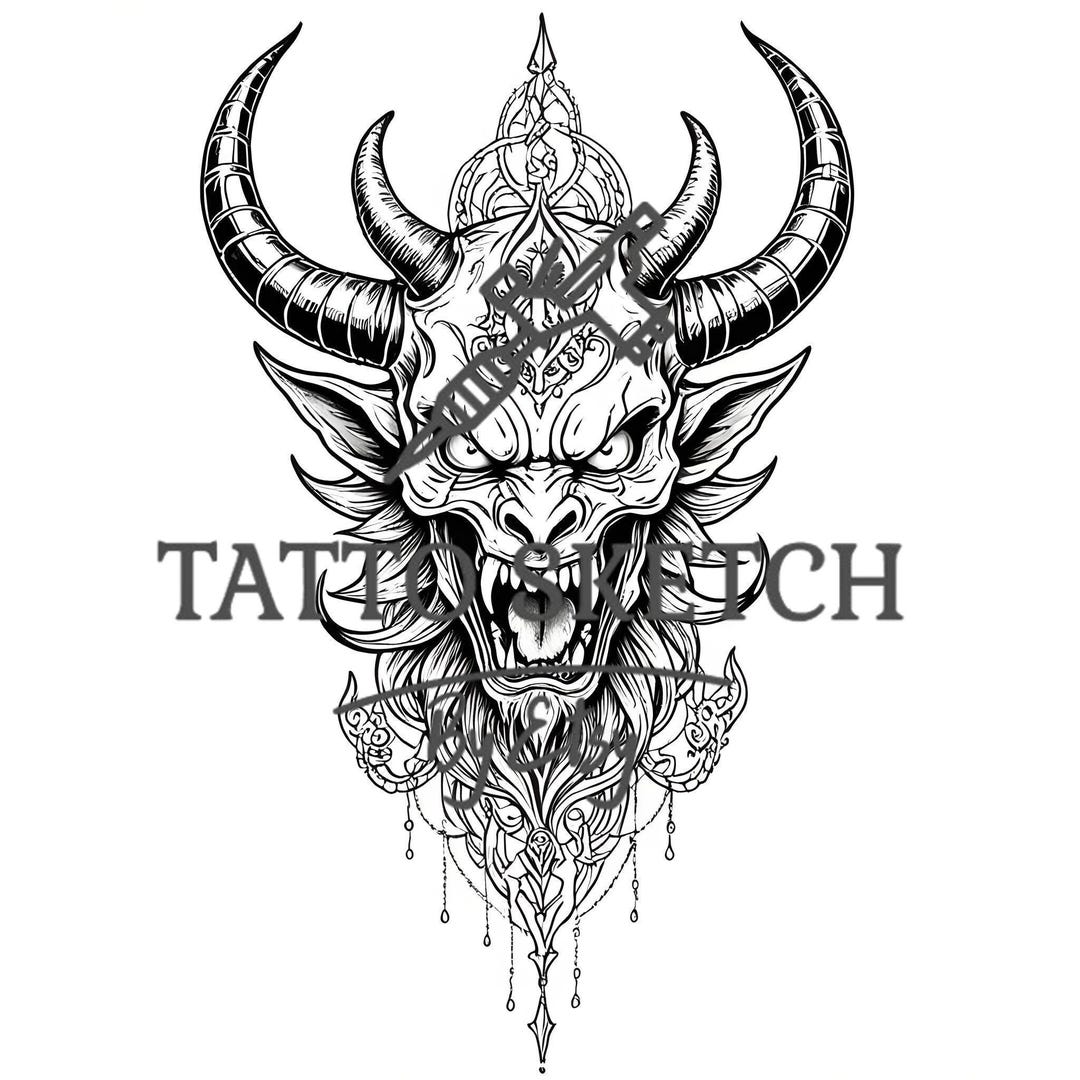 Sketch/devil Tattoo Design With Fangs and Mandala Finishes - Etsy