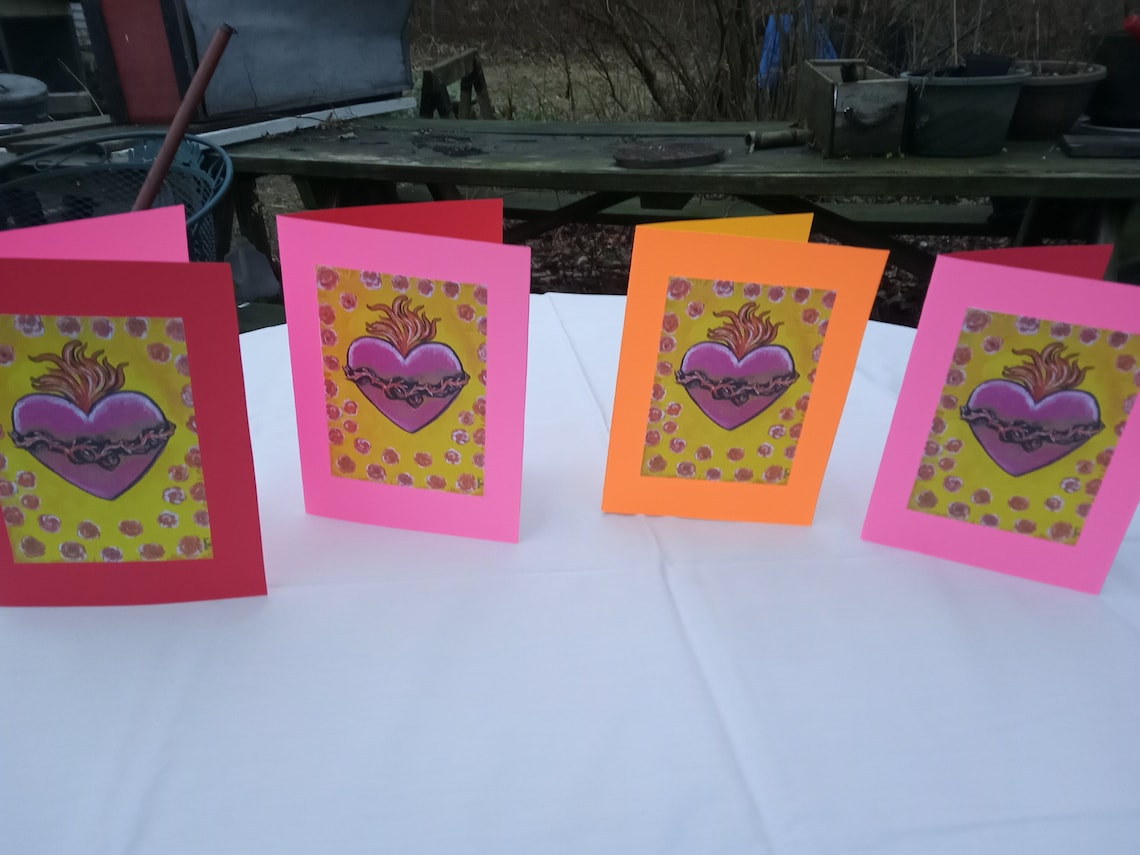 Valentine's Day Sacred Heart Art Cards Set of 4 Handmade | Etsy