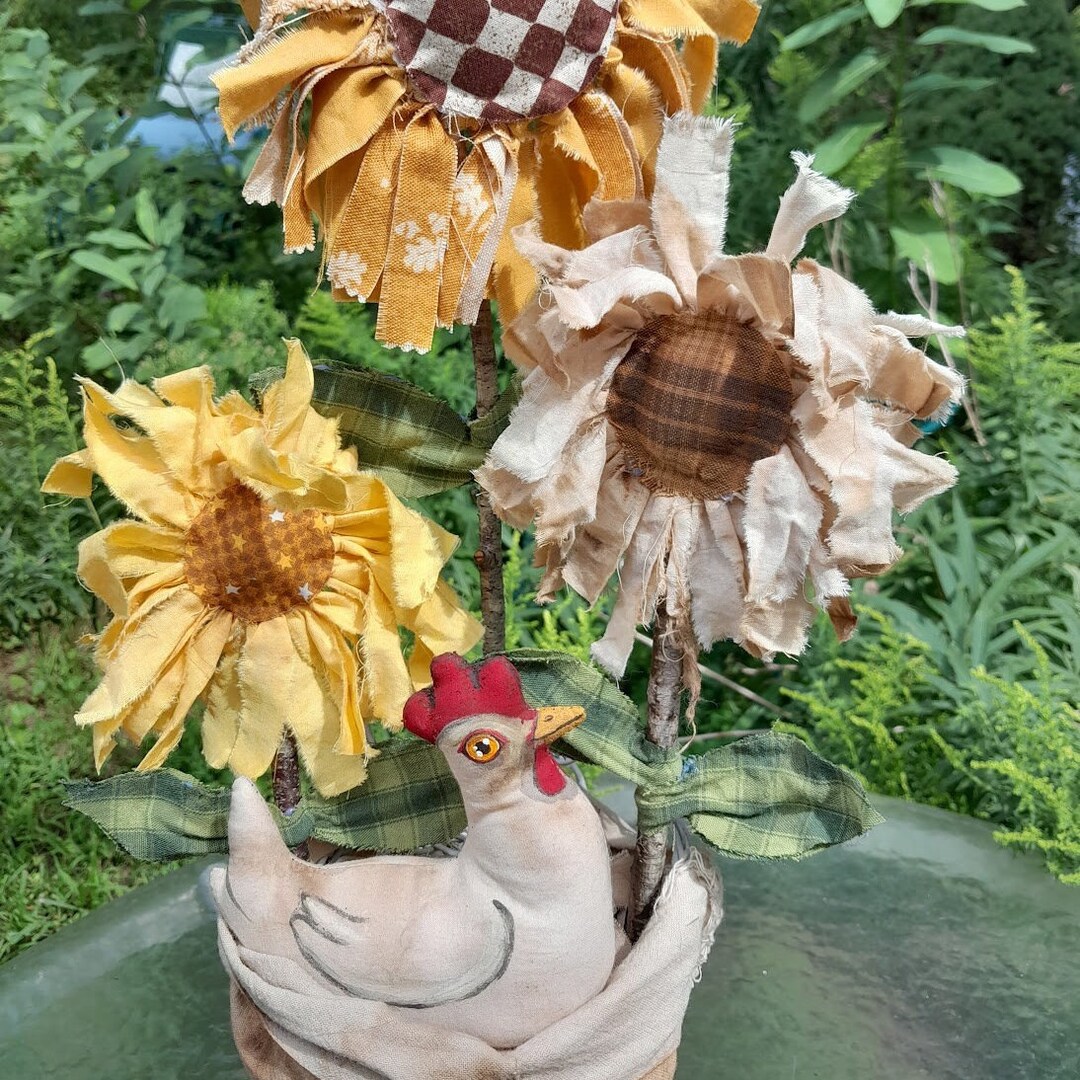 Primitive Chicken in Feed Sack With Rag Sunflower Pokes - Etsy
