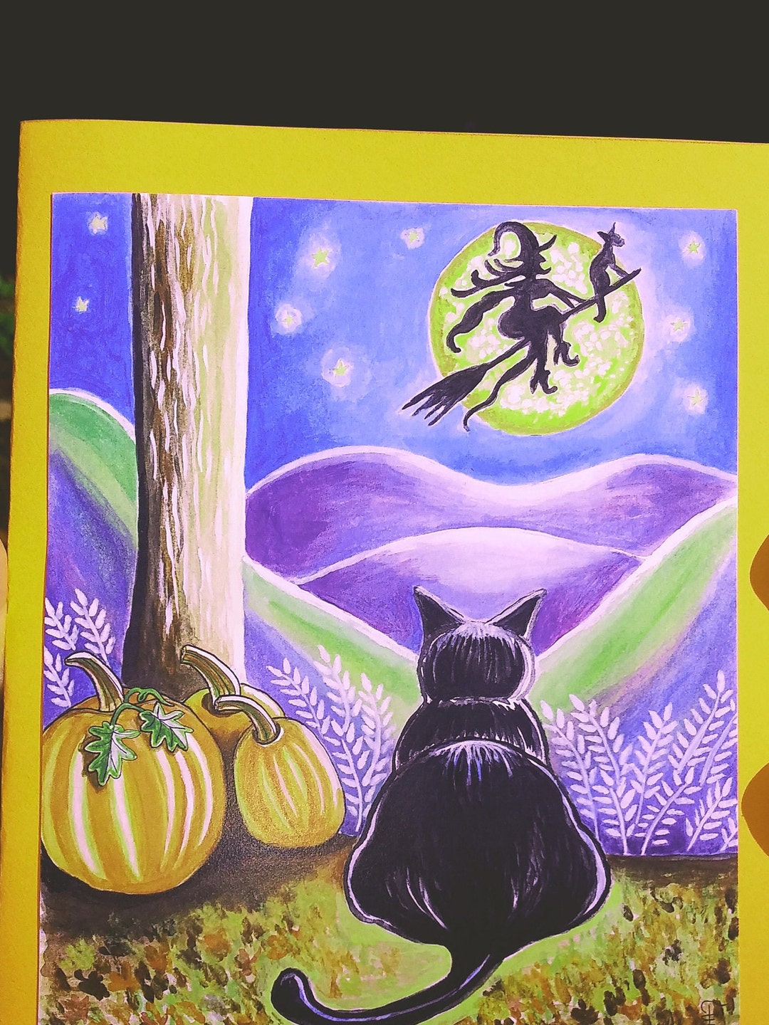 Handmade Halloween Card: Witch, Black Cat, Pumpkin Patch (5x7) - Etsy