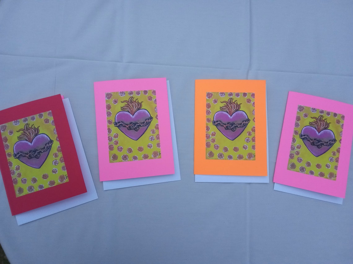 Valentine's Day Sacred Heart Art Cards Set of 4 Handmade | Etsy