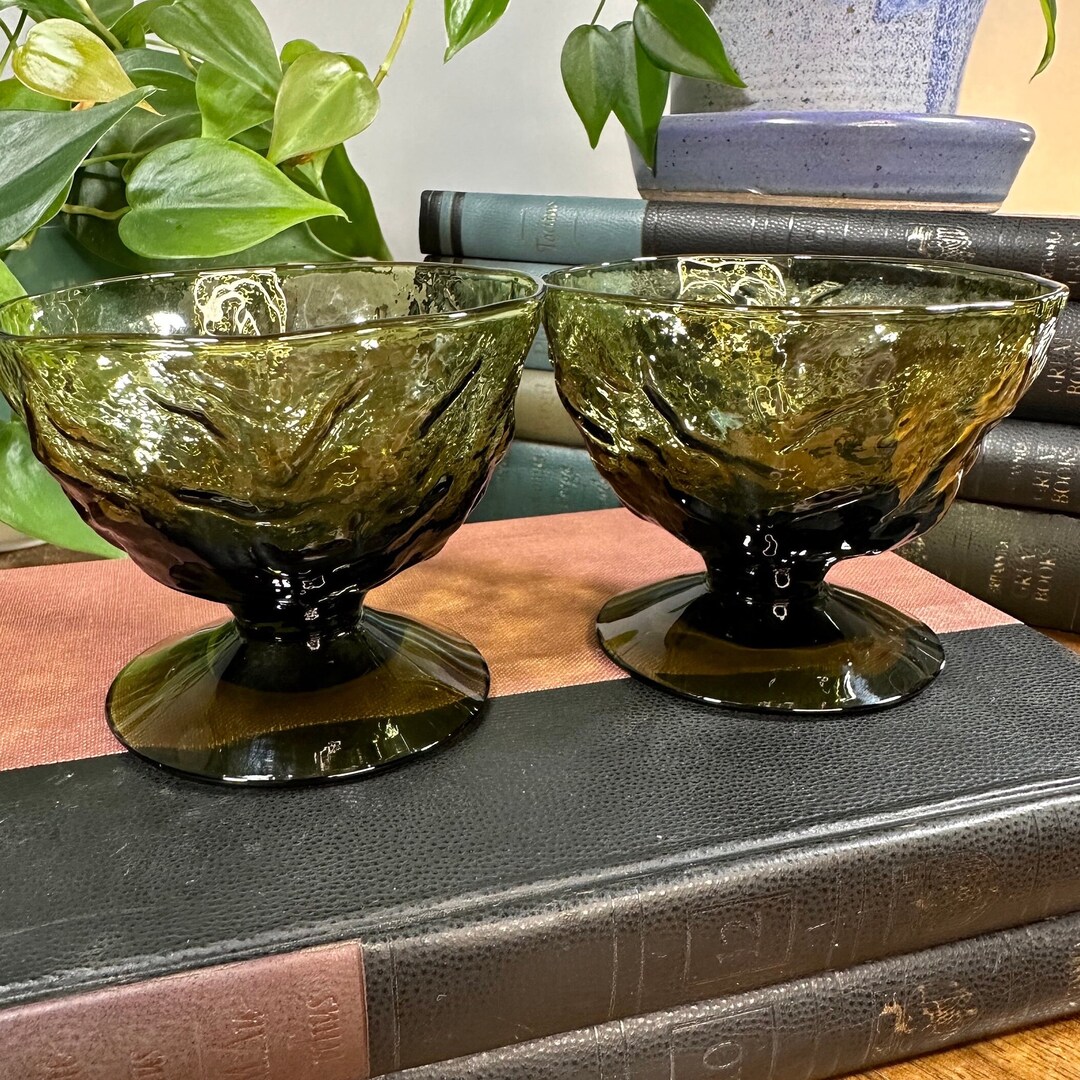 Set of 2 Vintage Seneca Glass Driftwood Avocado Green Sherbet Glasses ...