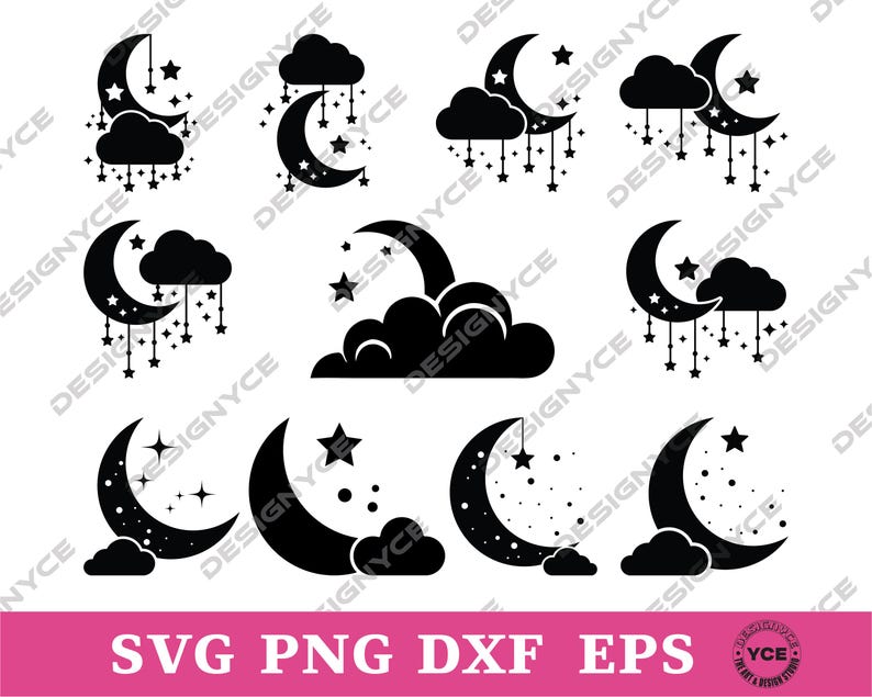 Moon Stars Clouds SVG, Moon Stars Clouds Vector, Silhouette, Cricut ...