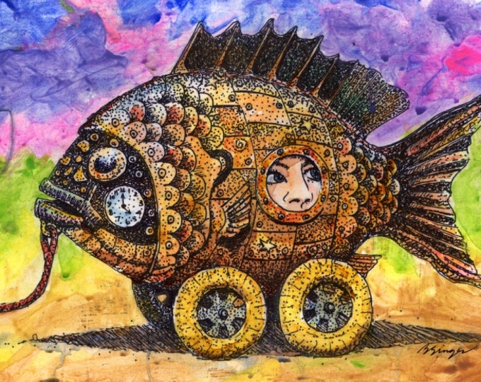 Pull Toy Fish Watercolor 8X10 Cottage Decor Funny Bluegill Art - Etsy