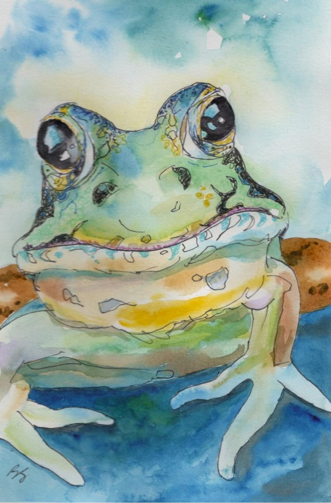 ORIGINAL Watercolor Painting Happy Bull Frog Matted 8X10 Cottage Lake ...
