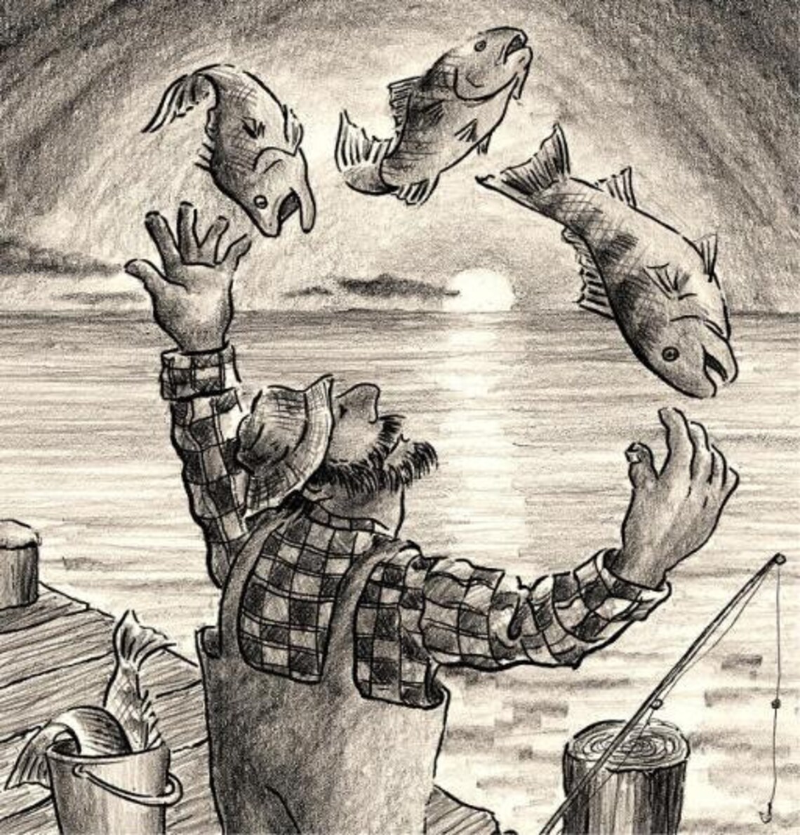 The Fisherman Juggler Pencil Drawing 8X10 Quality Art Print Whimsical ...