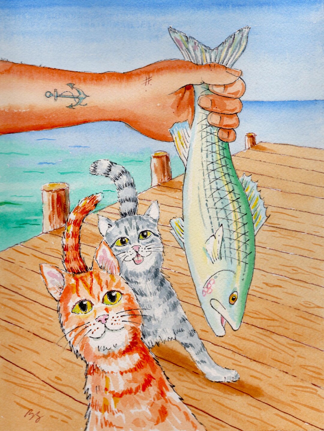 Two Tabby Cats One Fish Watercolor Art Print 8" X 10" on the Docks by ...