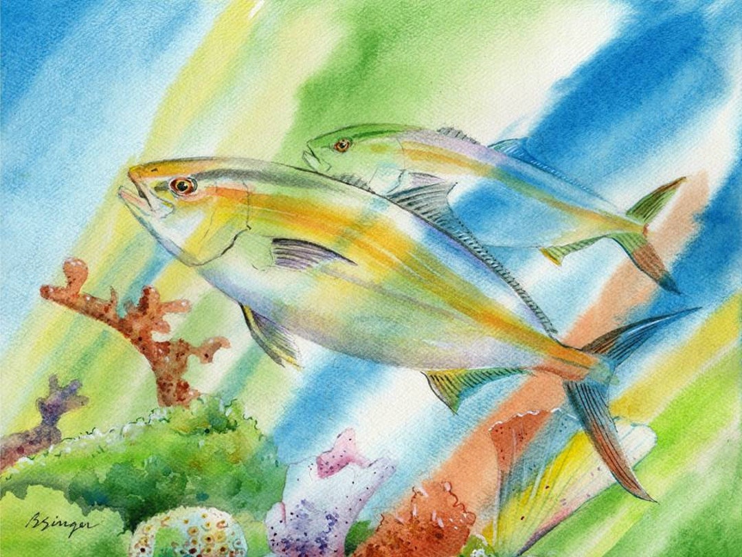 Amberjack Fish Watercolor Painting Art Print Fisherman Gift Coastal ...