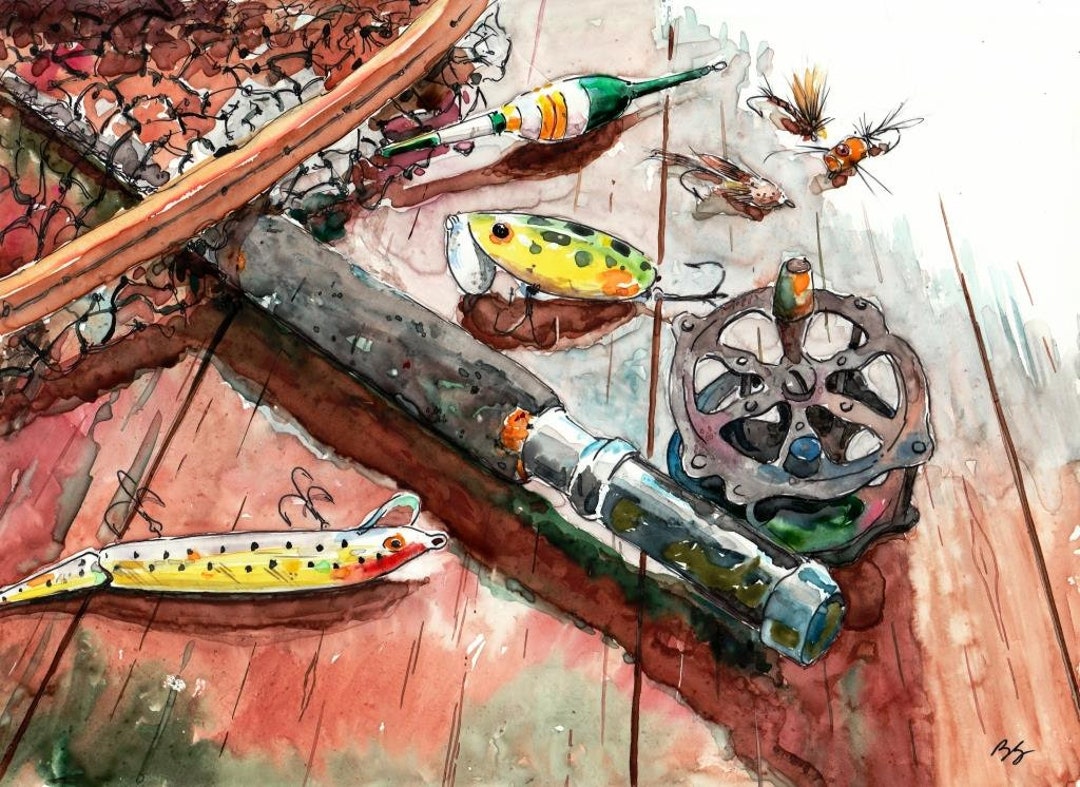 Old Fly Fishing Rod and Reel With Vintage Lures and Landing Net ...