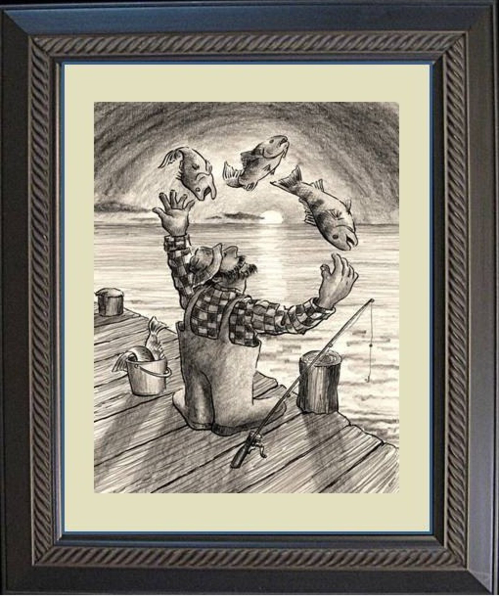 The Fisherman Juggler Pencil Drawing 8X10 Quality Art Print Whimsical ...
