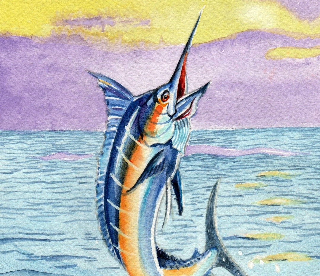 Leaping Blue Marlin Game Fish 8"x10" Watercolor Art Print Fisherman ...