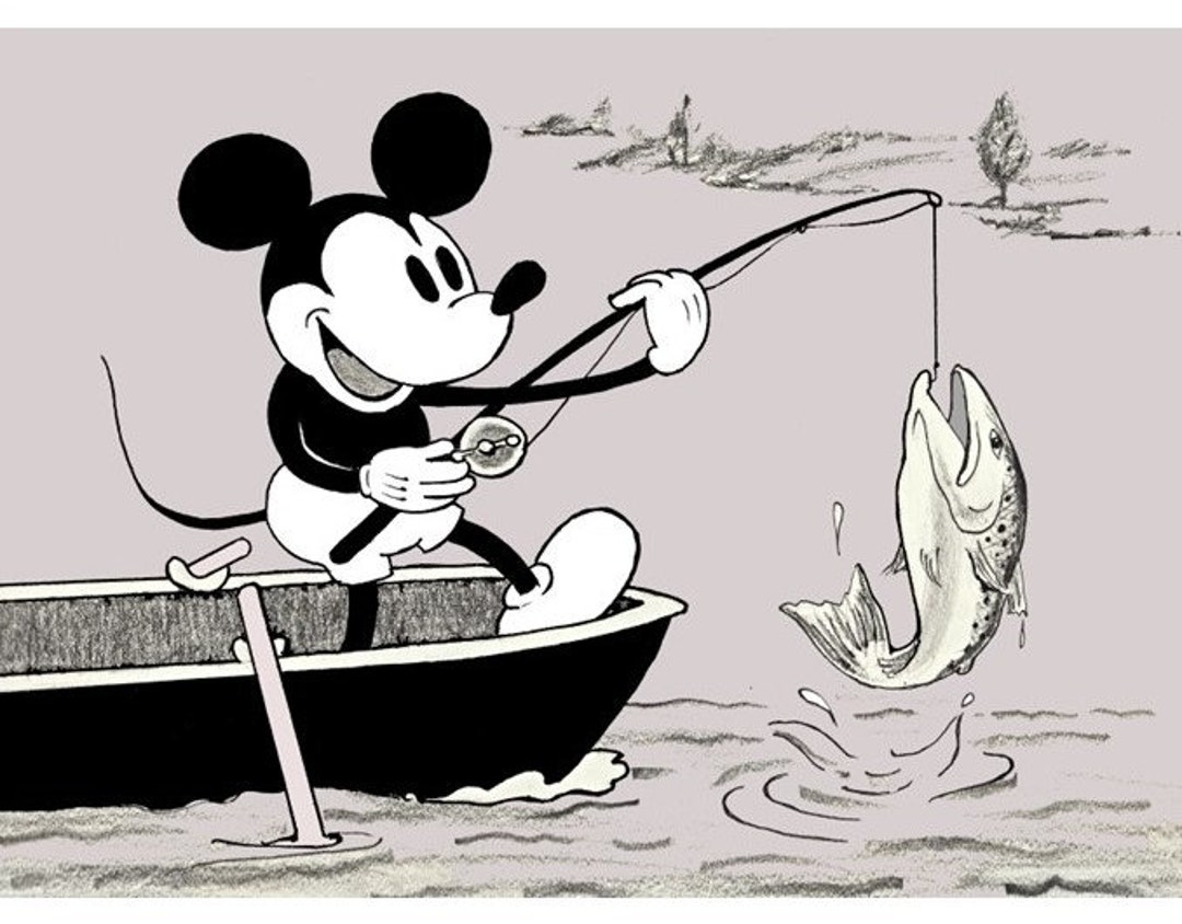 Bass Fishing Willie Mickey Mouse Goes Fishing 8X10 Cartoon Drawing ...