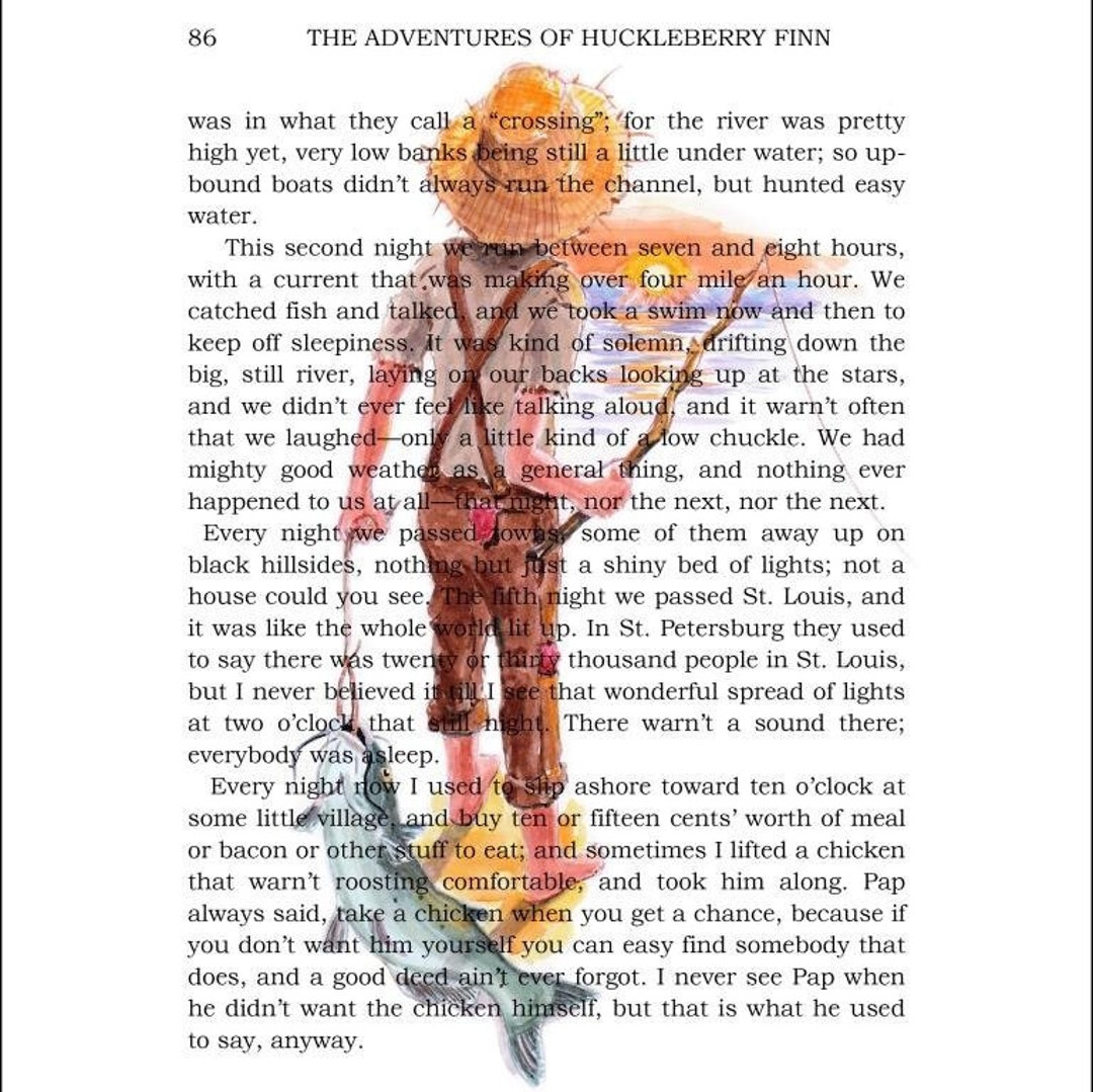 Mark Twain’s Huckleberry Finn Watercolor on Actual Page of the Classic ...