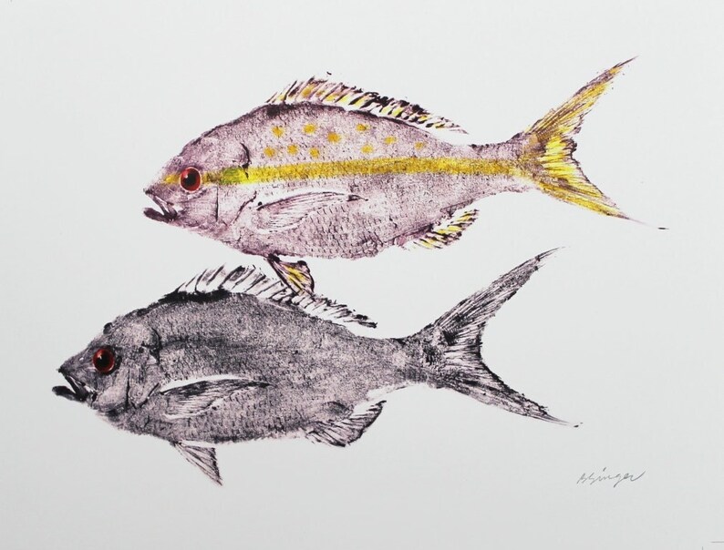 GYOTAKU Yellowtail Snapper Fish Rubbing New Art Print Beach House Decor ...