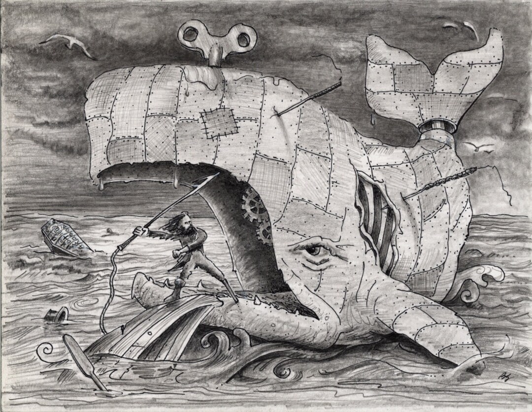 Wind up Moby Dick Cartoon Pencil Drawing Surrealism Funny Parody 8 X 10 ...