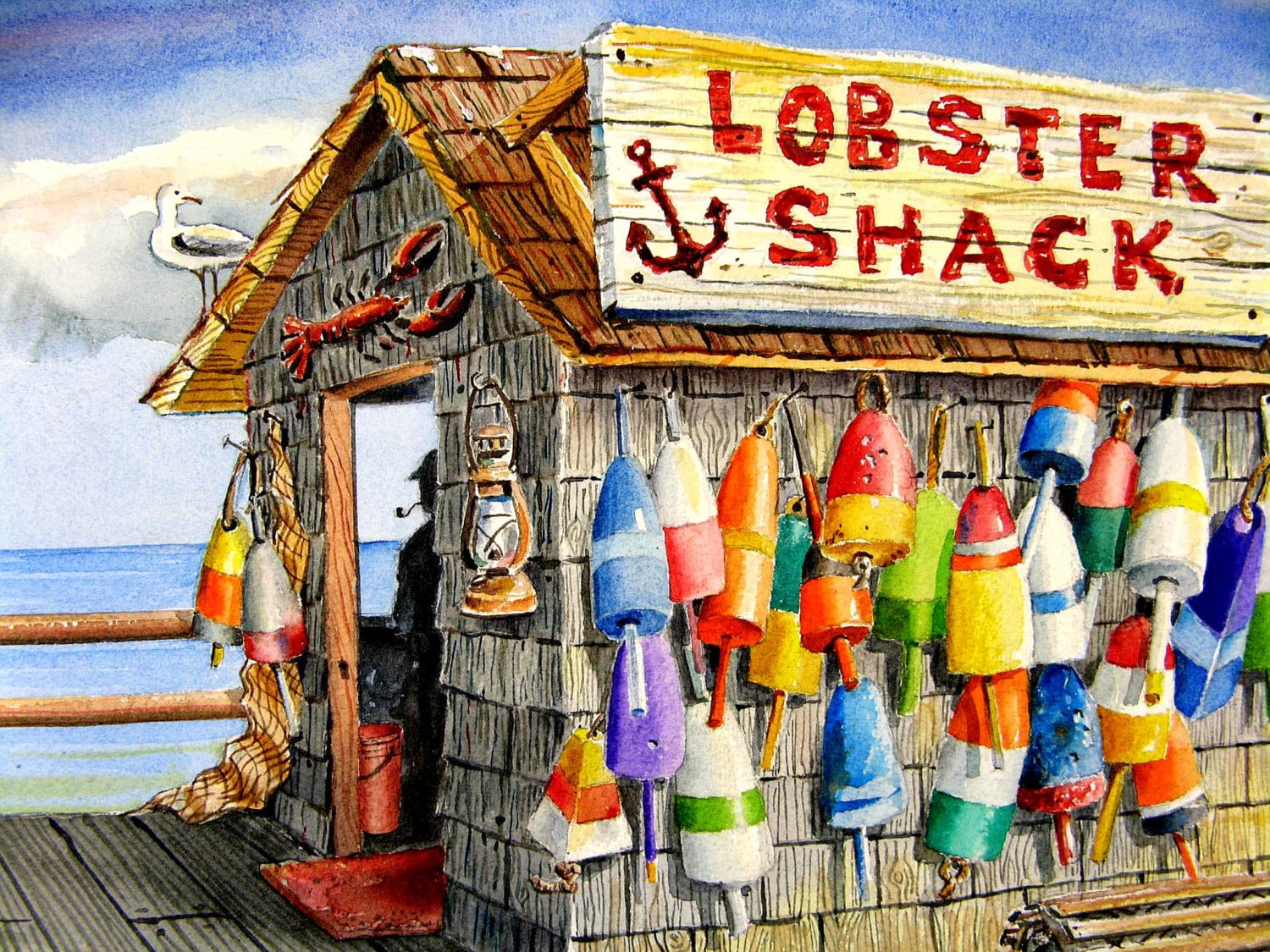 Buoys and the Lobster Shack Watercolor Maine New England Coastal Beach ...