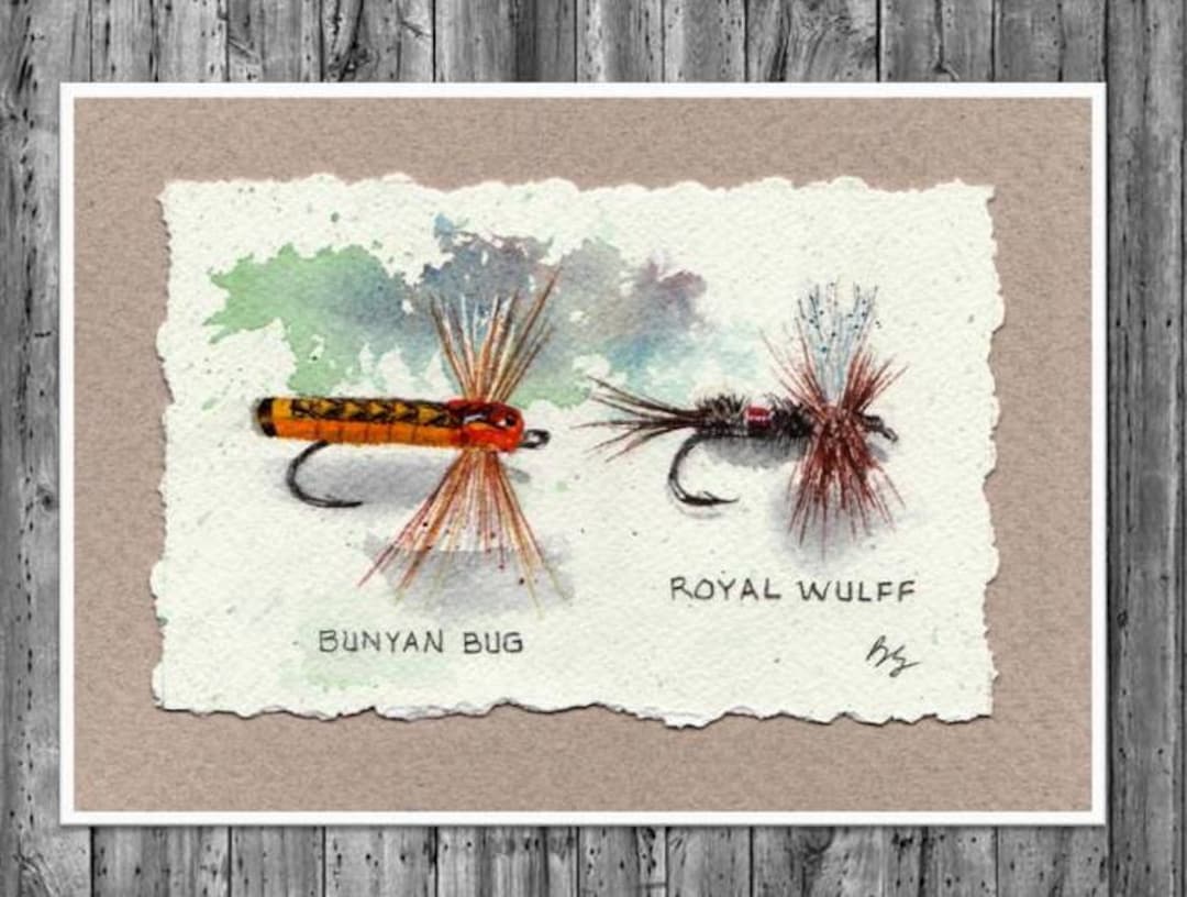 Watercolor illustration Royal Wulff and Bunyan Bug Flies 5X7 Art print ...