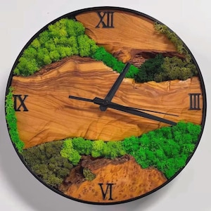 30 Cm Wall Clock Olive Wood & Preserved Moss – Handmade Wooden Moss ...