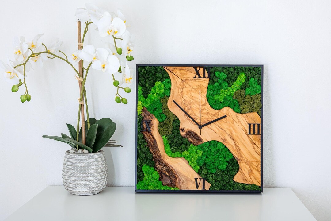 Large 40 Cm Square Wall Clock | Business Decor Olive Wood | Moss ...