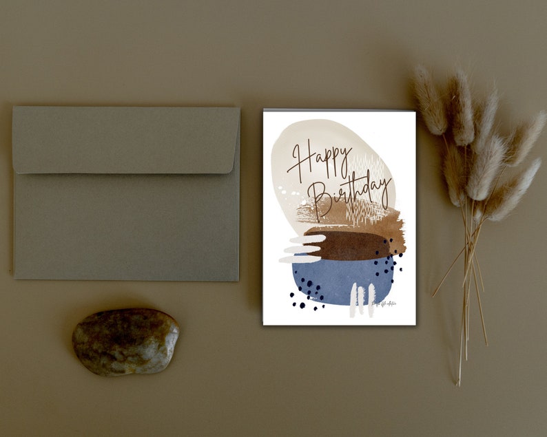 Happy Birthday, Greeting Card With Earth Tone Abstract Design, Digital ...