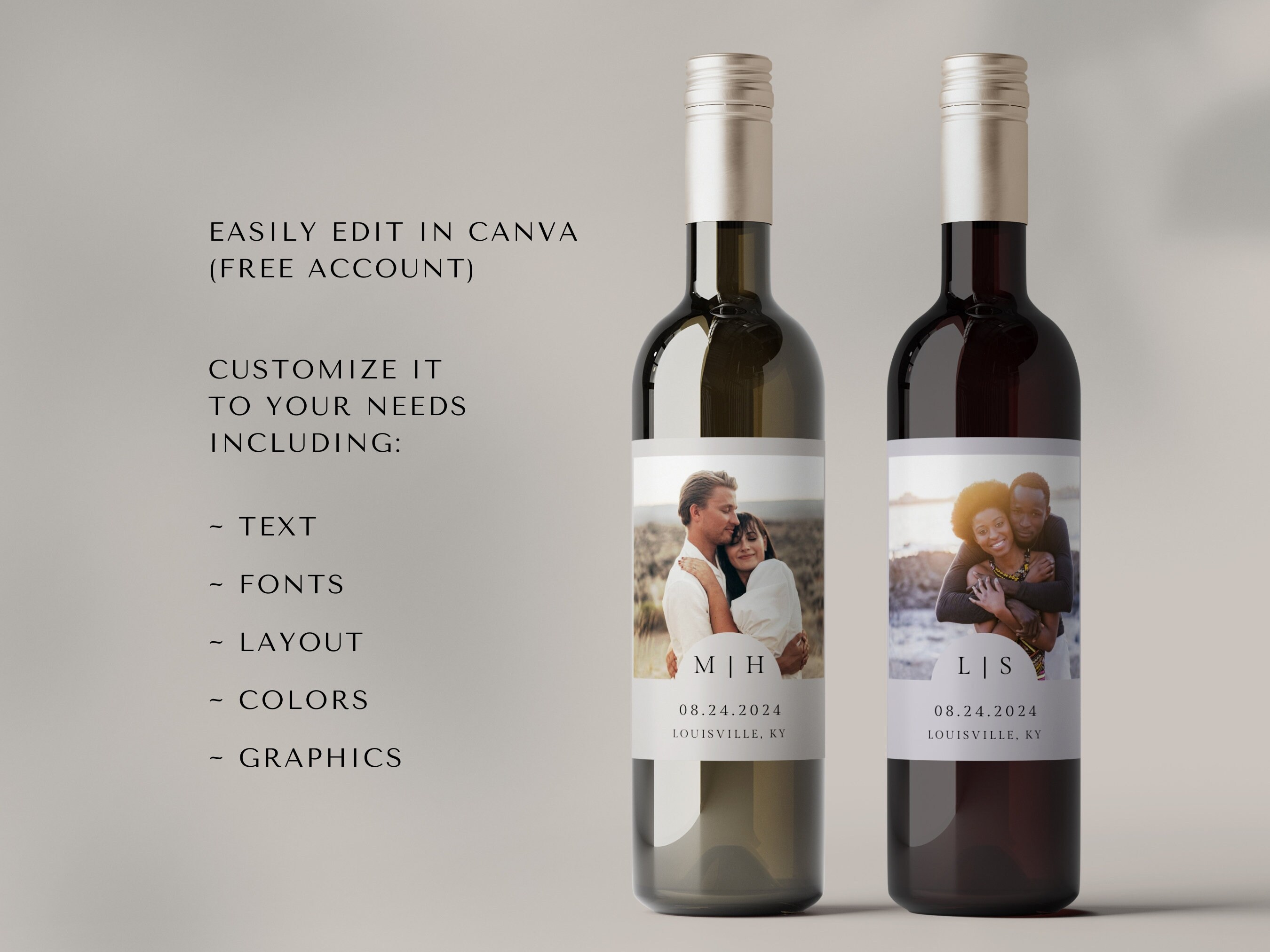 Photo Wedding Wine Label Template Editable on Canva | Custom Printable ...